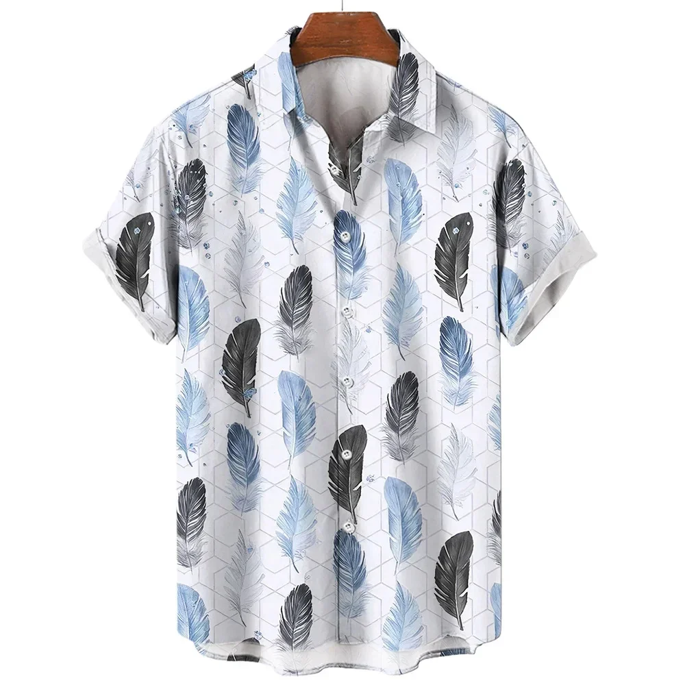 Feather-Pattern-Print-Lapel-Shirt-Men-s-Casual-Fashion-Short-Sleeve ...