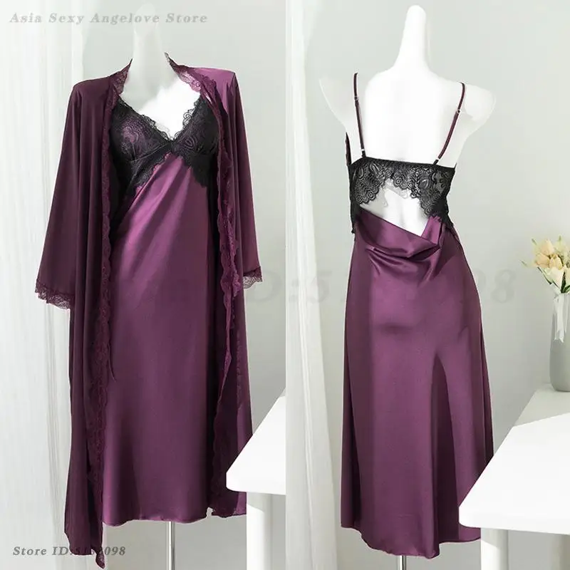 Female Long Nighty&Robe Set Sexy Lace Spaghetti Strap Nightgown Loose ...