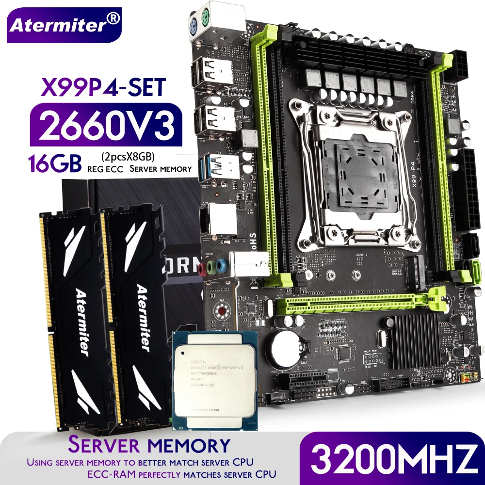 Atermiter-X99-P4 Conjunto de Placa-Mãe, CPU Xeon E5 2660 V3, LGA 2011-3, 2X8GB = 16GB, 3200MHz ...