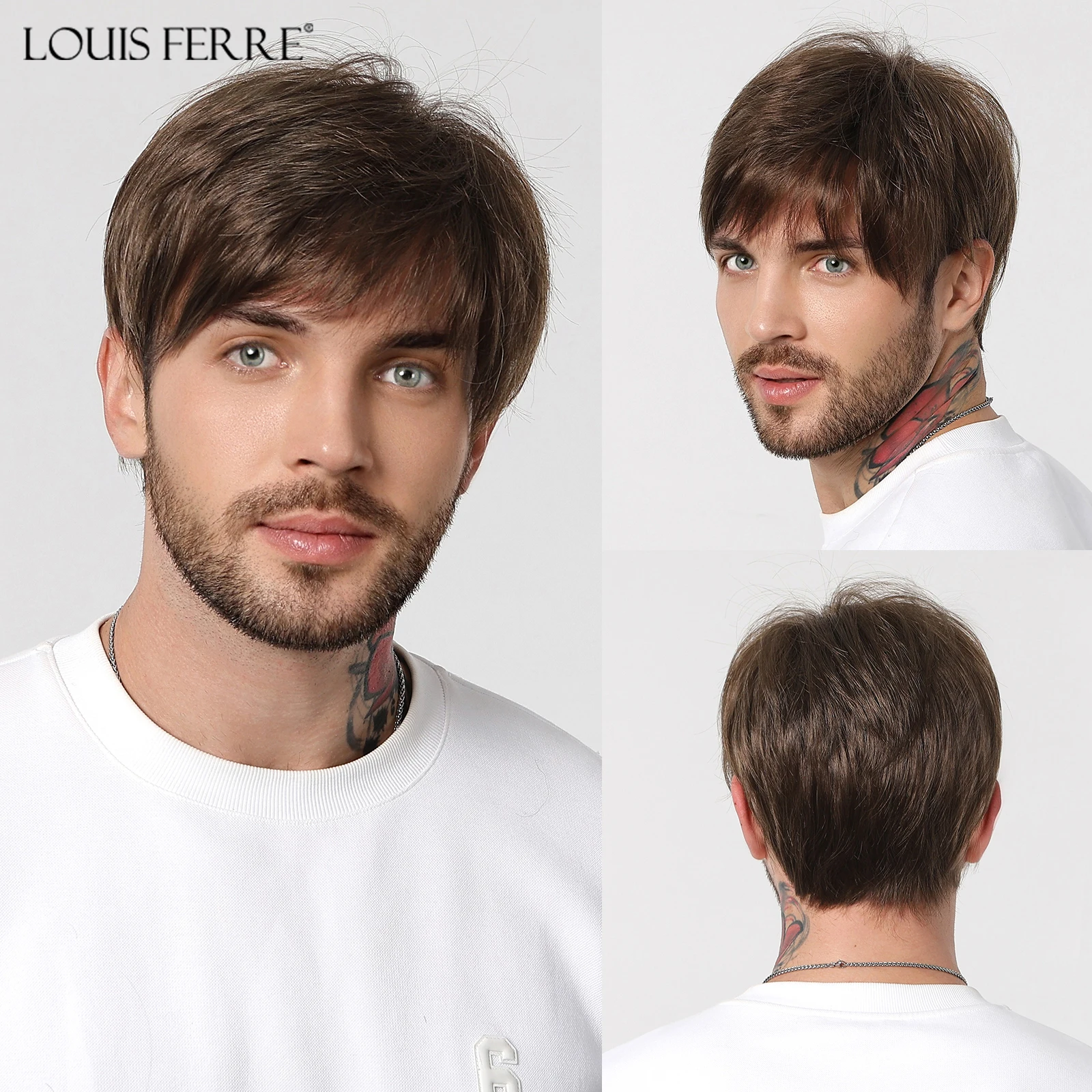 LOUIS-FERRE-Dark-Brown-Synthetic-Wigs-for-Men-Short-Straight-Hair ...
