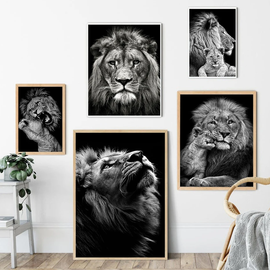 Leão família preto e branco pintura em tela animais leoa rei da savana ...