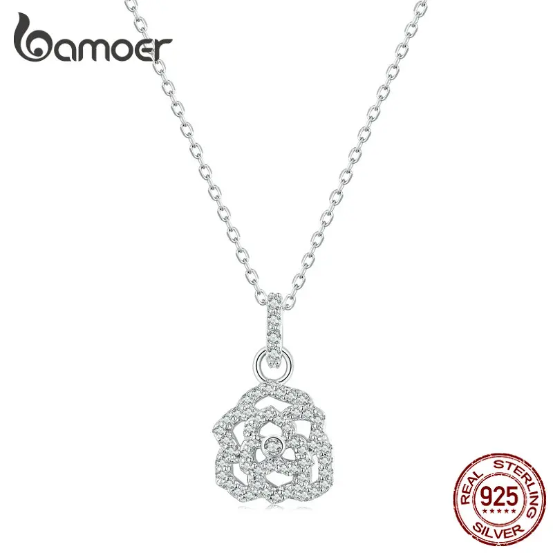 Bamoer-925-Sterling-Silver-Hollow-Pattern-Rose-Pendant-Necklace-Shiny ...
