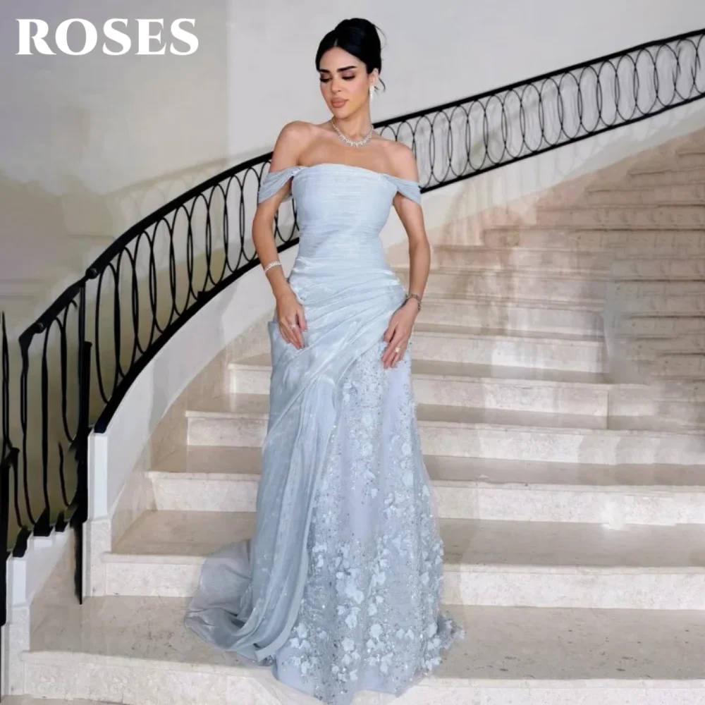 ROSES Sky Blue Stain Trumpet Evening Dress Off the Shoulder Prom Dress ...