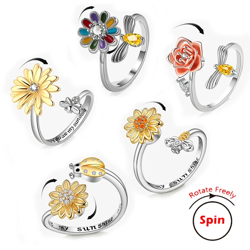 Exquisite Spinning Sunflower Bee Anxiety Ring For Women Adjustable ...