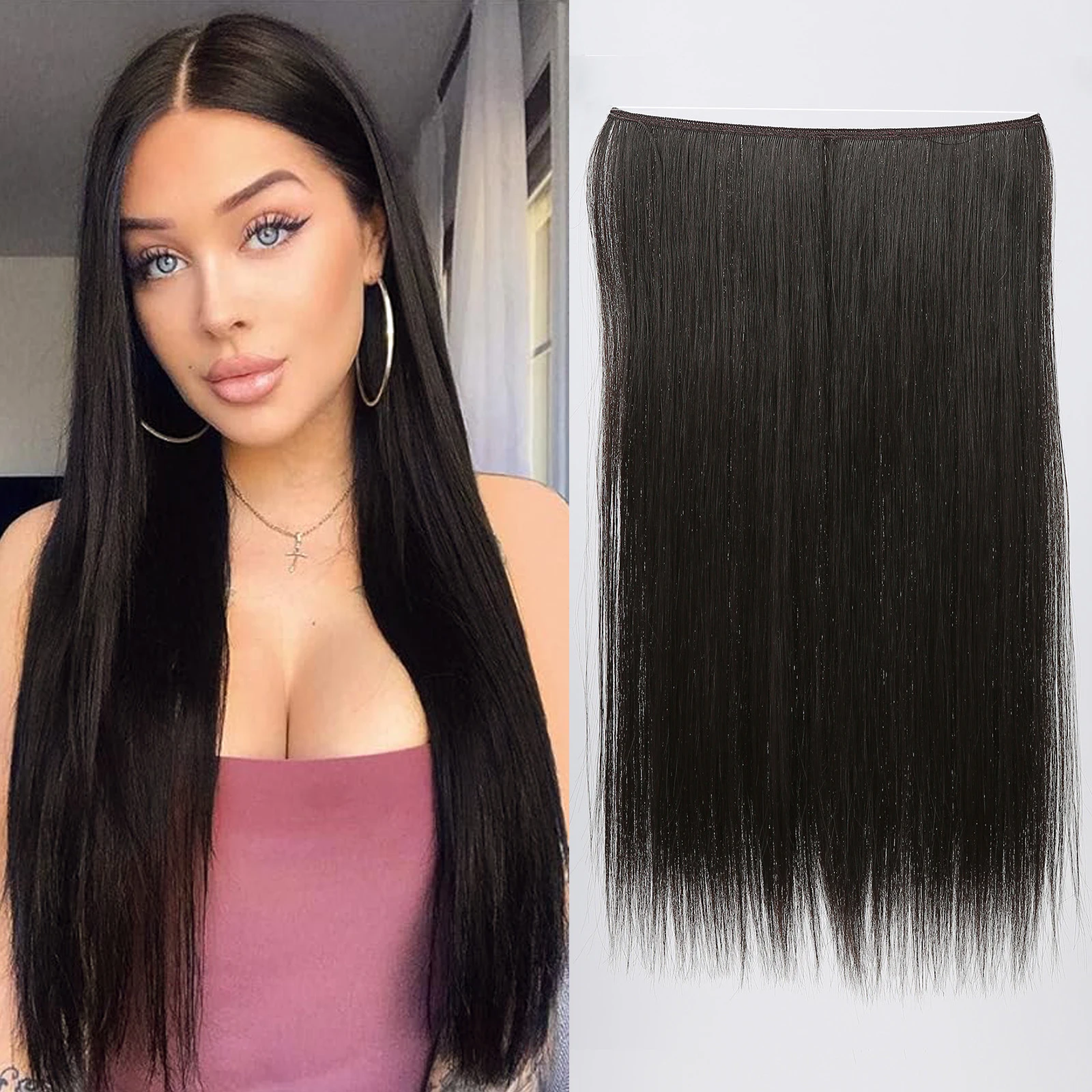 No-Clip-Hair-Extension-Synthetic-Long-Straight-Hairpiece-Natural-Wavy ...