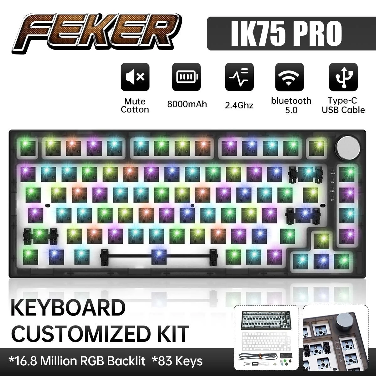 3 모드 FEKER IK75 Pro 75% 기계식 키보드 DIY 키트 핫 스왑 2.4g 무선 RGB 금속 손잡이, 블루투스 8000 개스킷| | - AliExpress