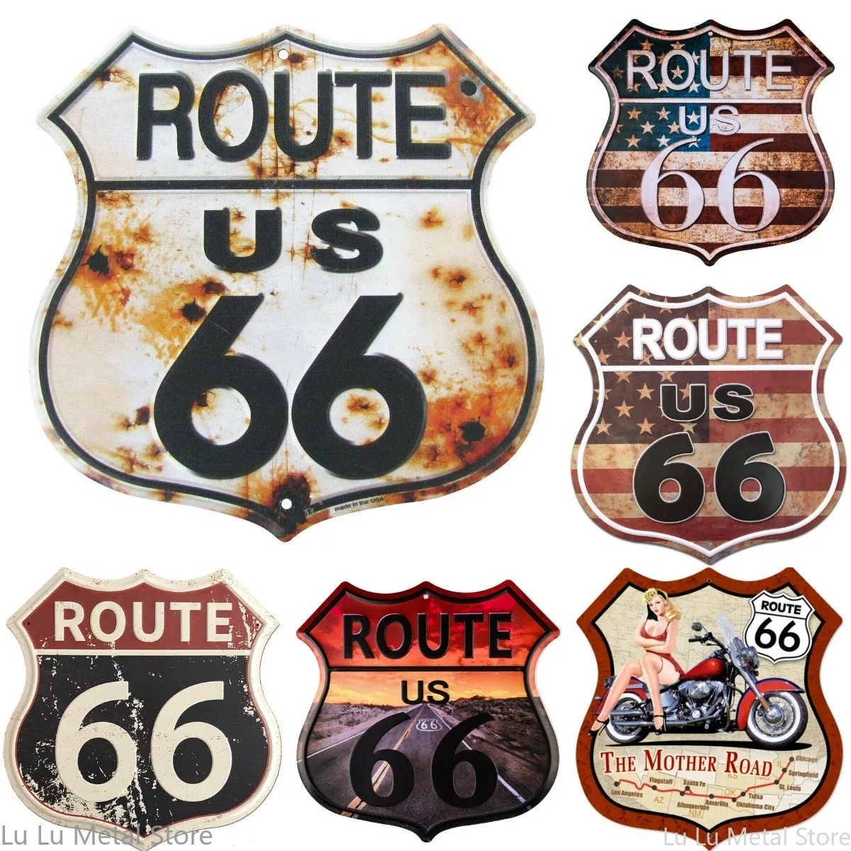 TIN-SIGN-Route-66-Rust-Deco-Garage-Wall-Decor-Shield-Shaped-Home-Wall ...