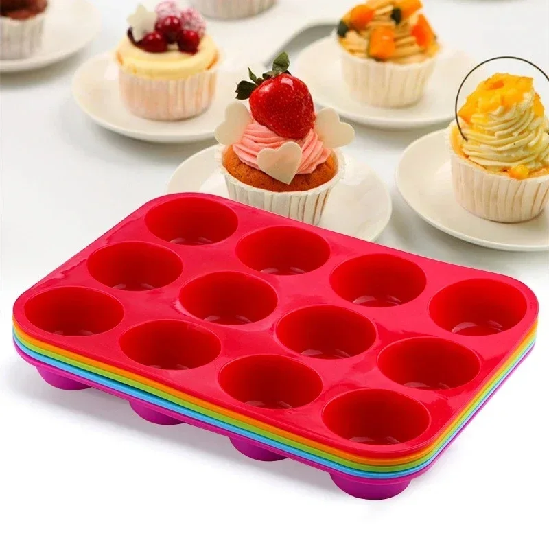 12 Cups Silicone Round Mold Muffin Pudding Cupcake Baking Pan Non-Stick ...