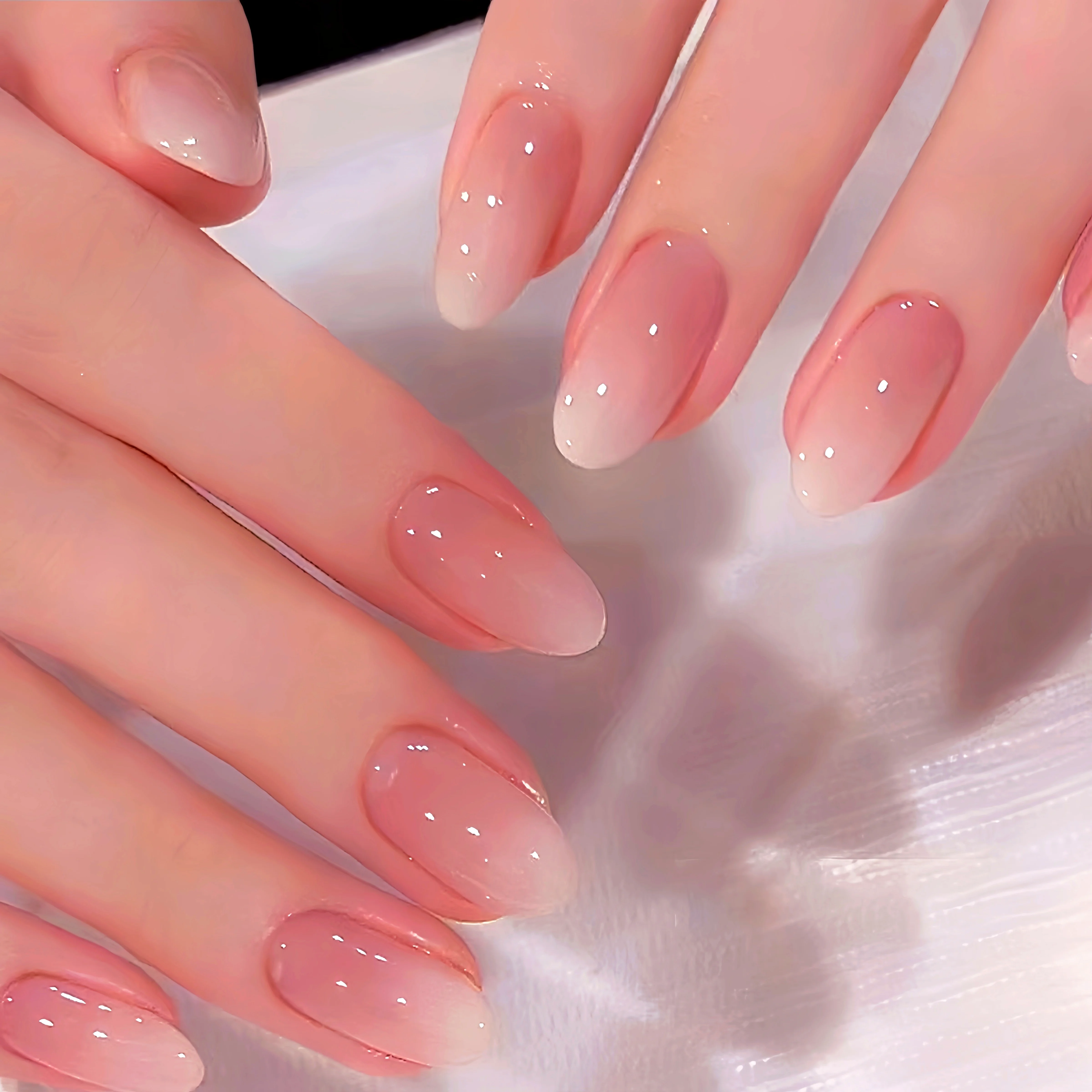 24PCSAlmond Shaped Press Nail, Short Nail Press Pink Gradient Fake Nail ...