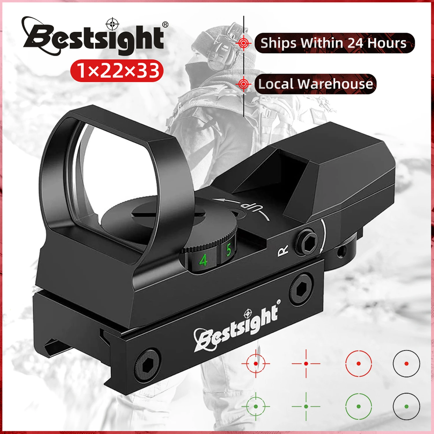 Bestsight Red Dot Sight Holographic Reflex Sight 4 Reticle Optics Red and Green Illuminated ...