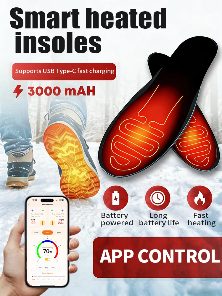 Rechargeable Heated Insoles with APP Control 3000mAh Electric Heating ...