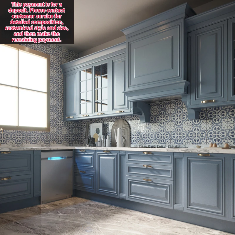 Northern Europe Blue Solid Wood Kitchen Cabinets Sky Blue Open Kitchen ...
