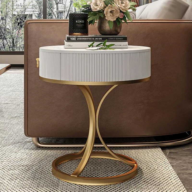 Marble Top Sofa Side Ribbed Round accent Tables with drawer storage. Small end tables. White top ...