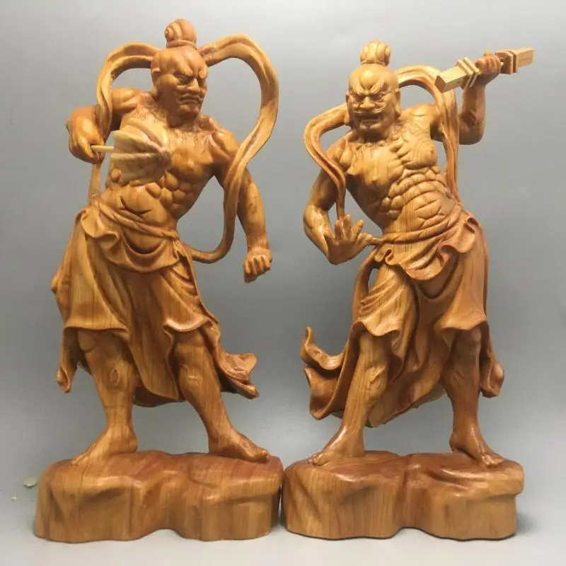 2pcs-20cm-Chinese-Heng-Ha-Two-God-Boxwood-Feng-Shui-Wood-Sculpture-Door ...