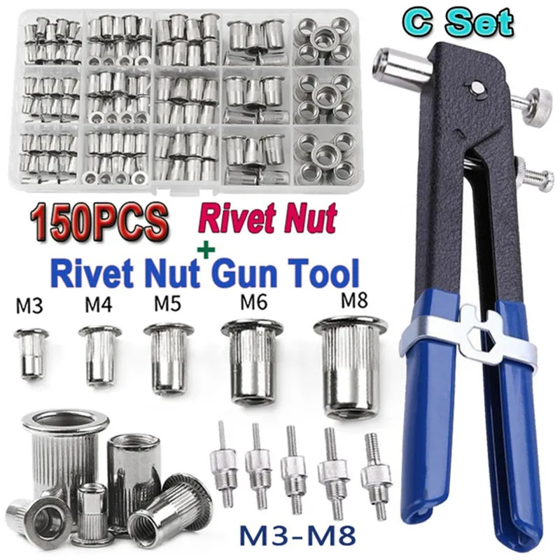 150PCS Rivet Nuts Plier Mandrel Kit M3/M4/M5/M6/M8 Nut Rivet Mandrels ...