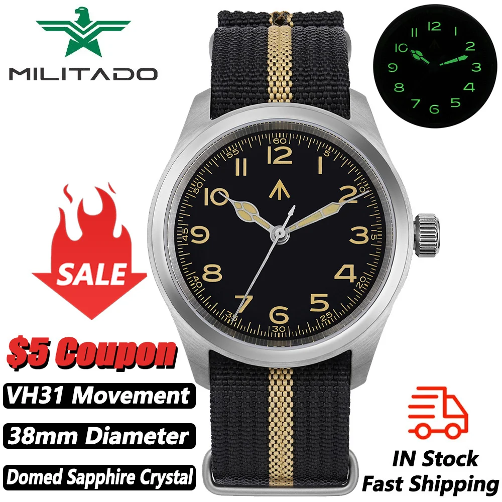 Militado ML08 Vintage Watch VH31 Quartz Movement Domed Sapphire Crystal ...