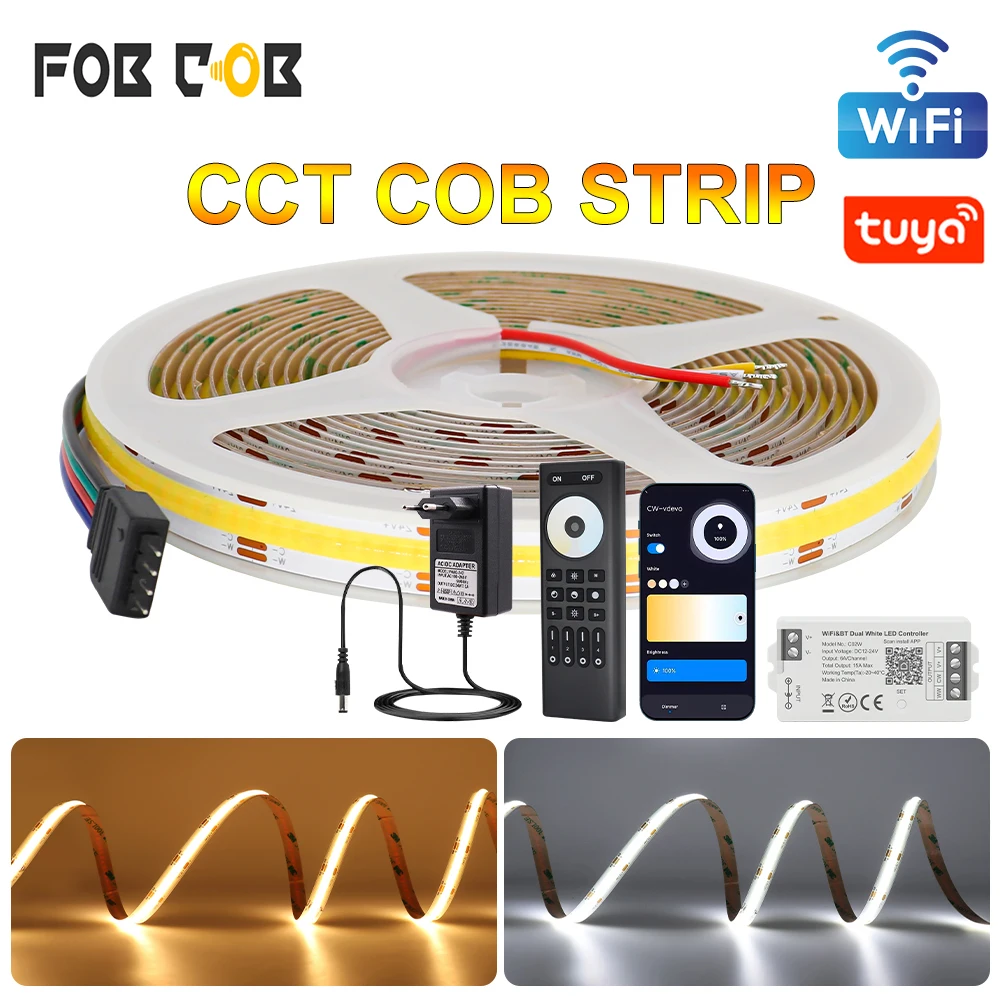 5M-10M-CCT-COB-LED-Strip-Light-12V-24V-2700K-6500K-Dimmable-Bicolor ...