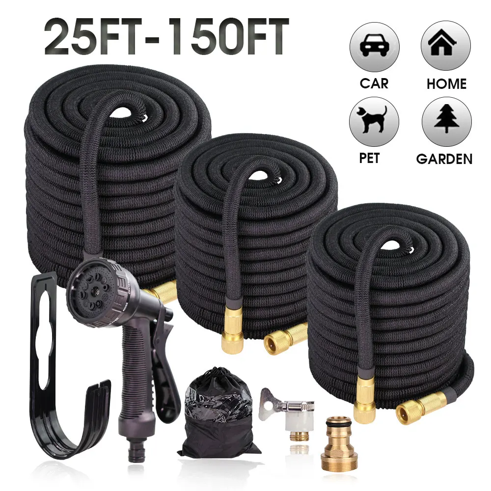 25-150FT-Black-Expandable-Garden-Water-Hose-Water-Gun-Sprayer-Kit-for ...