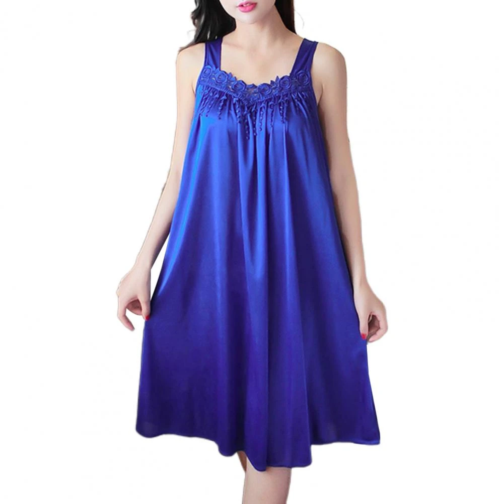 Women Night Dress Solid Color Knee Length Breathable Great Stitching ...