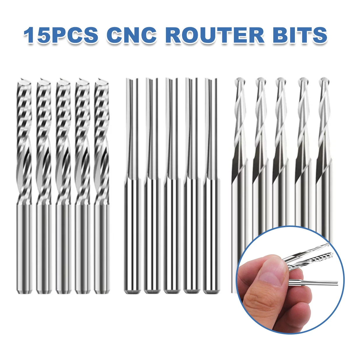 15Pc Straight End Mill Compression Milling Cutter Cut Two Flute Spiral ...