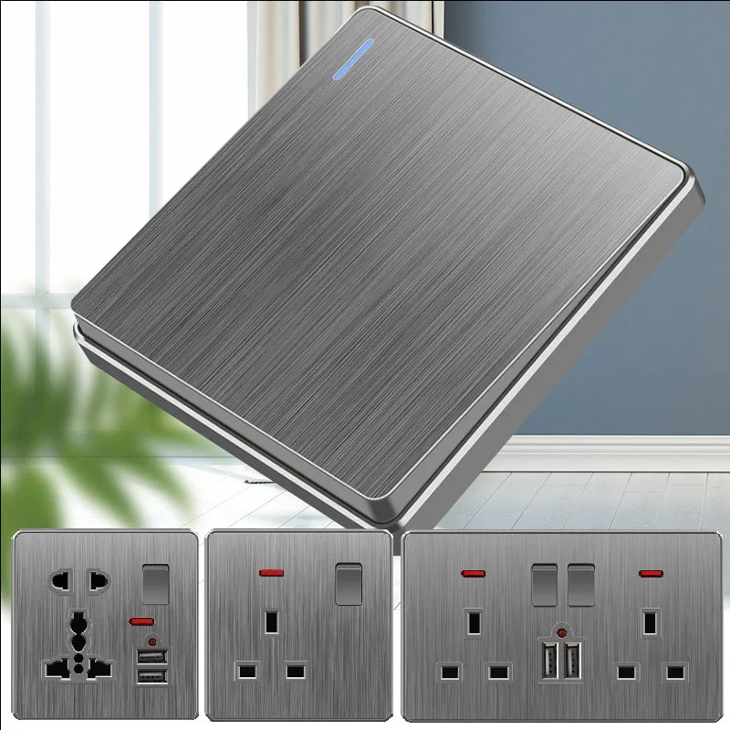 UK-EU-Standard-Large-Tilt-Plate-Silver-Gray-13AType-C-Socket-Lighting ...