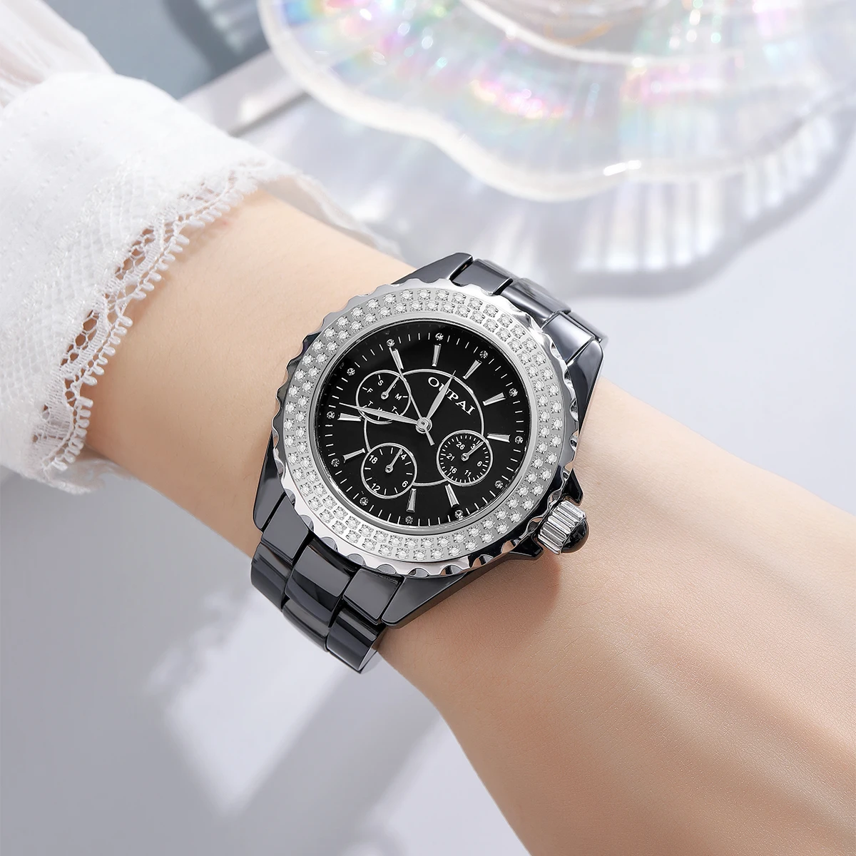 Oupai round dial, white ceramic strap watch, women's rotatable bezel ...