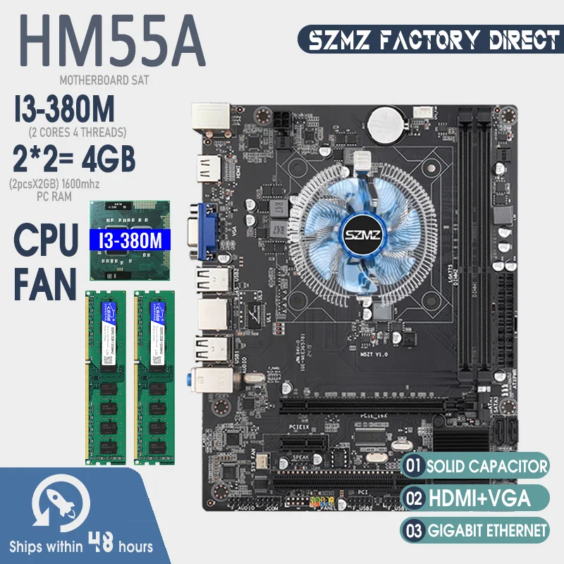 HM55A Motherboard 988 PGA Set Kit With Pentium i3-380M CPU 4GB(2*2GB ...