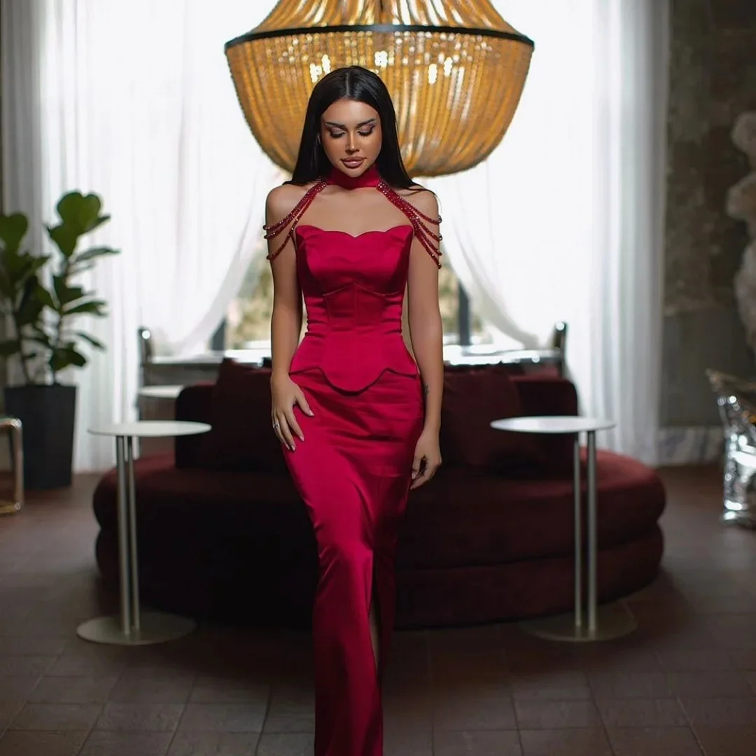 Side Slit Satin Party Dresses Strapless Backless Red Beading Shawl ...