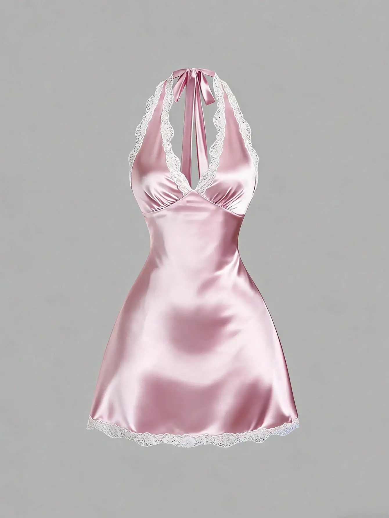 Vestido Halter de Satén Rosa con Ribete de Encaje y Escote en V ...