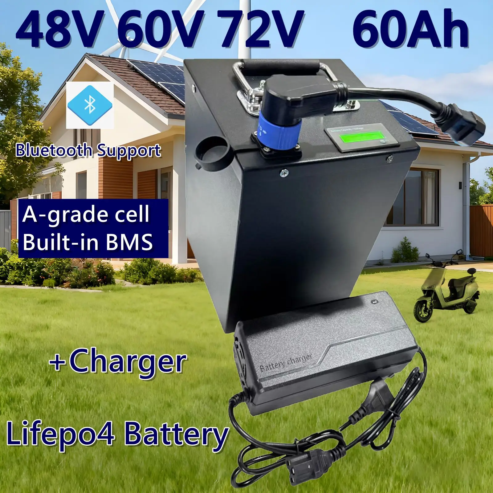 Lifepo4 48V 60V 72V 60Ah Battery Pack With Bluetooth BMS Peak 180A for ...