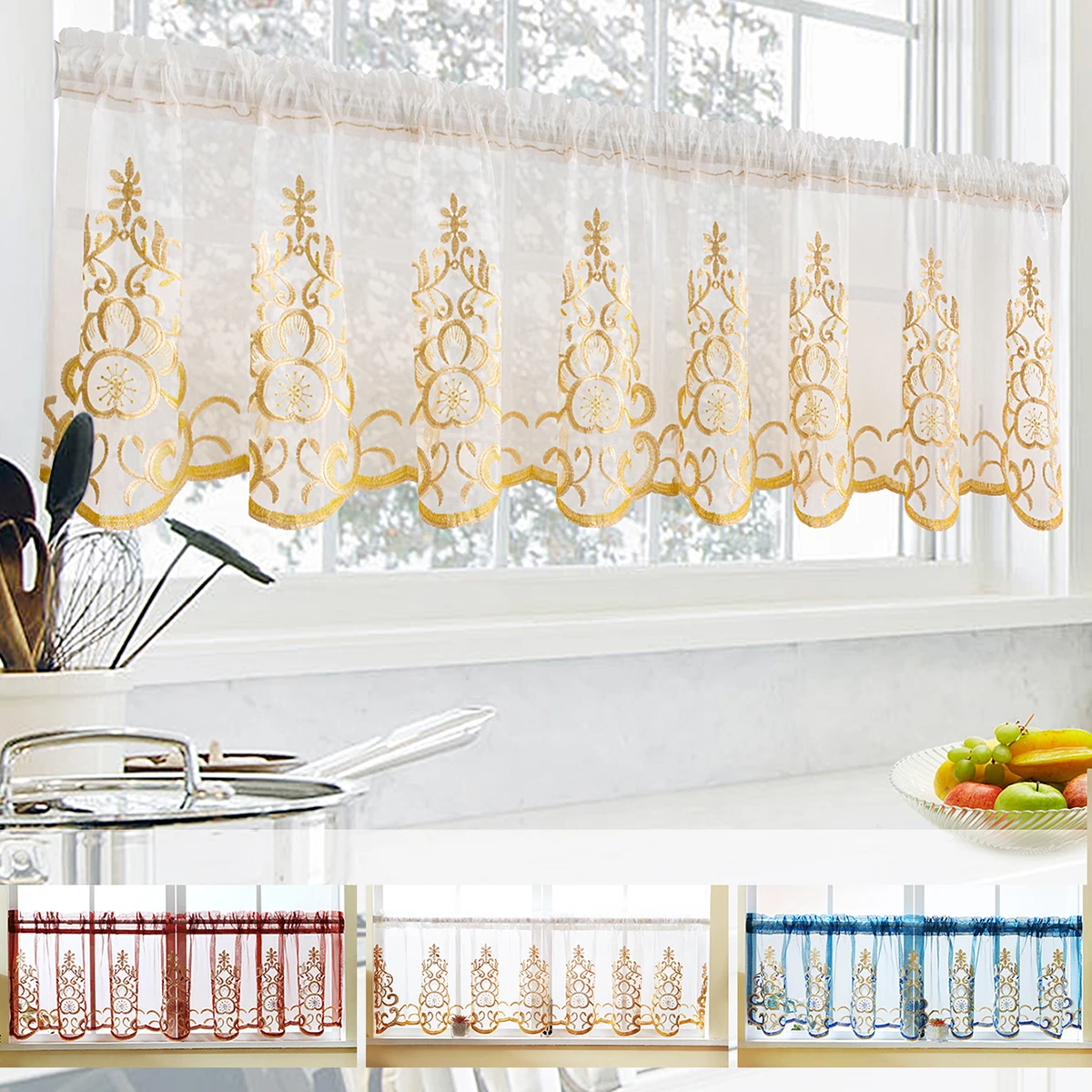 1pc-Embroidery-Cafe-Short-Curtain-Geometric-Pattern-Small-Curtain-Rod ...