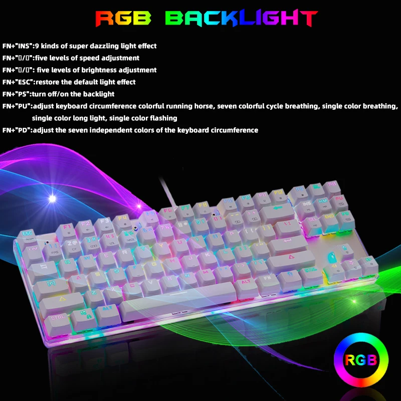 K87S RGB Gaming Teclado Mecânico, USB Com Fio, 87 Chaves, Vermelho, Interruptor azul, Laser RU ...