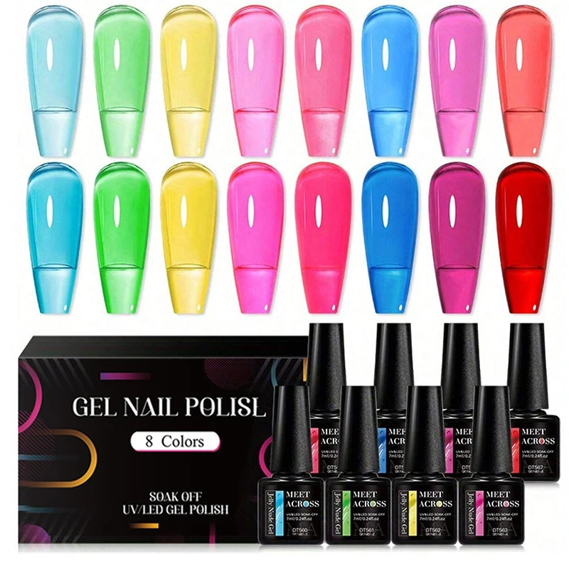 8pcs Jelly Glass Gel Nail Polish Set Summer Translucent Semi Permanent ...