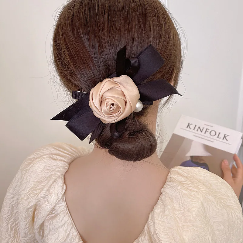 Elegant-Satin-Flower-Ponytail-Clips-para-cabelo-feminino-fita-rosa ...