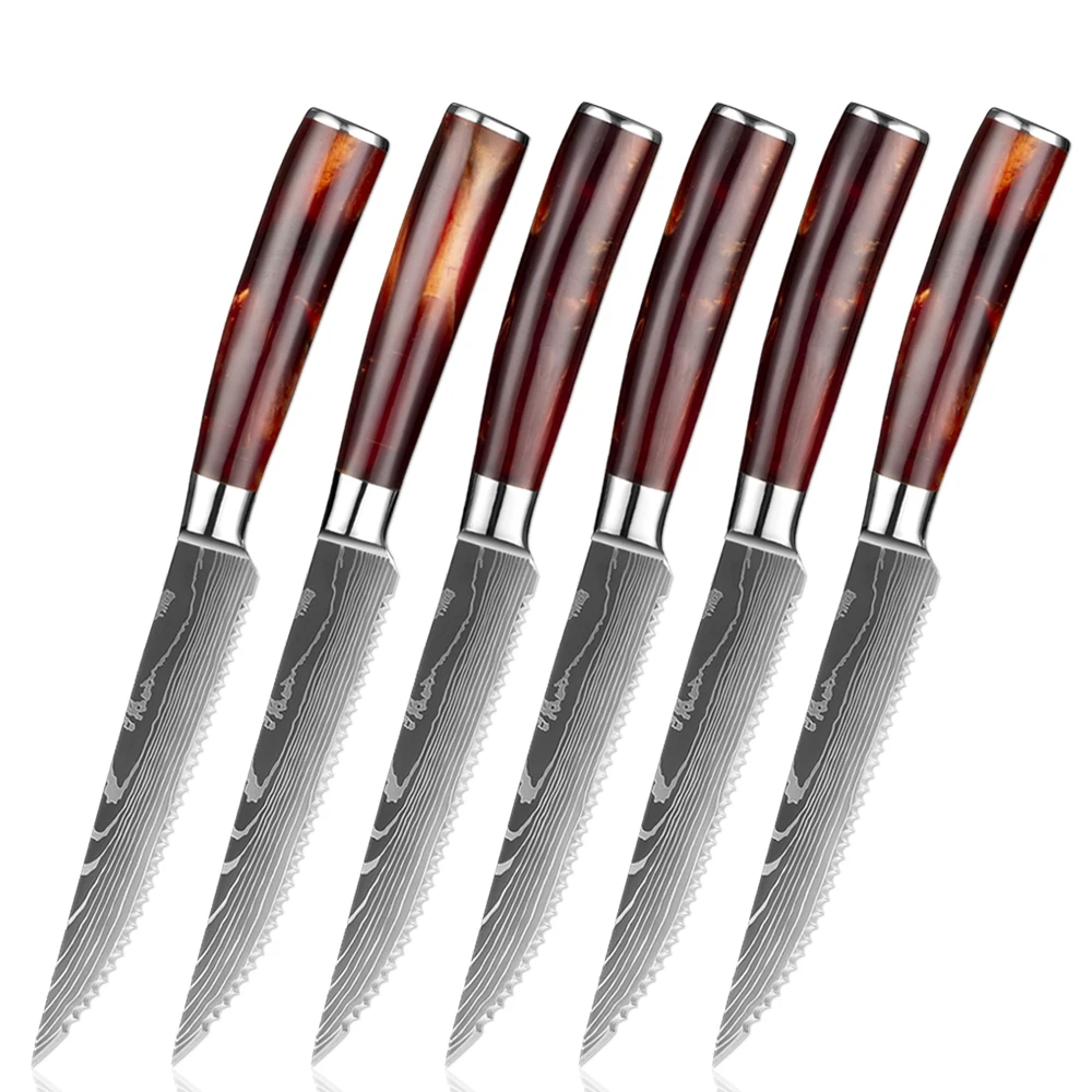 Stainless-Steel-Steak-Knife-Set-Damascus-Pattern-Serrated-Knife-Resin ...