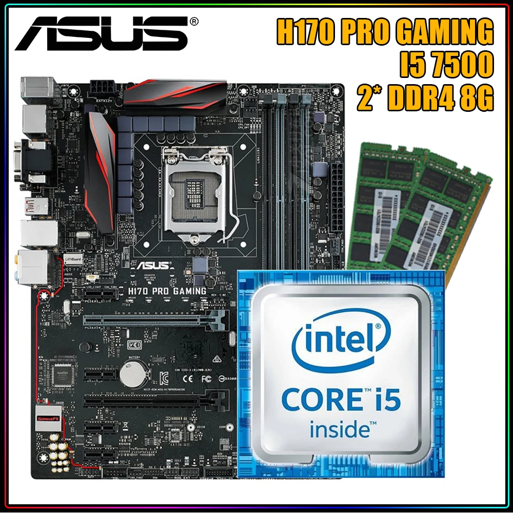 Asus placa mãe kit h170 pro gaming placa mãe + core i5 7500 2 * ddr4 8g lga 1151 soquete suporta ...