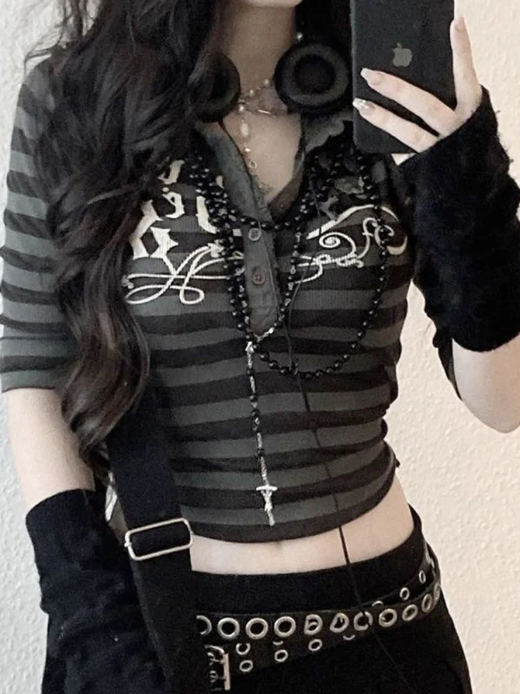 Gothic-Harajuku-Punk-Stripped-Crop-T-Shirts-Women-Goth-Streetwear ...