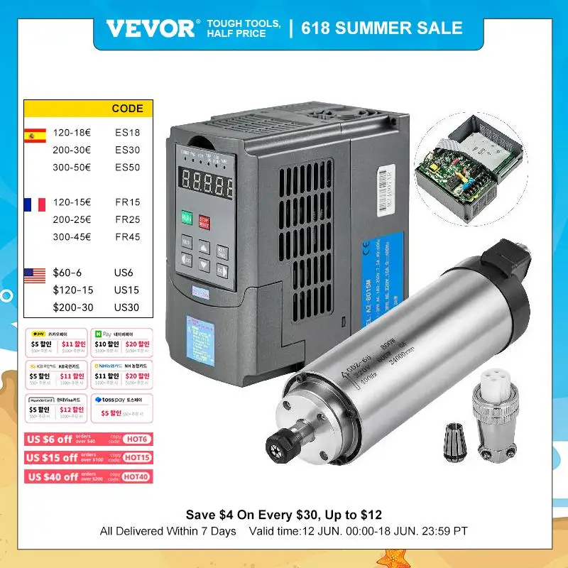 Vevor 0.8kw Air Cooled Spindle Motor 3 Bearing Er11 220v & 2hp 1.5kw Variable Frequency Drive ...