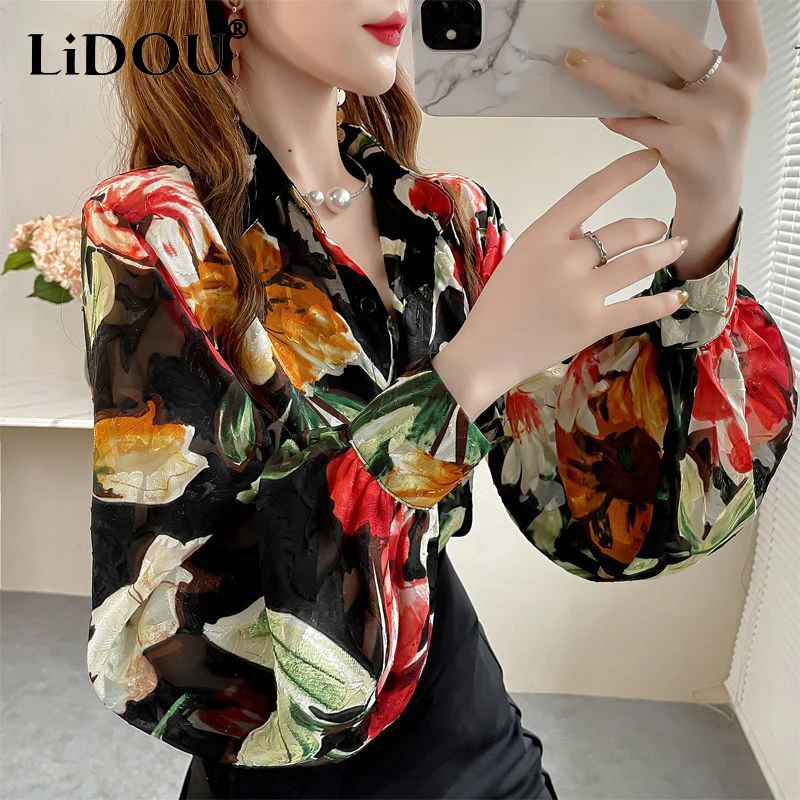 Spring-Summer-Floral-Print-Lantern-Long-Sleeve-Chiffon-Shirt-Tops-Women ...