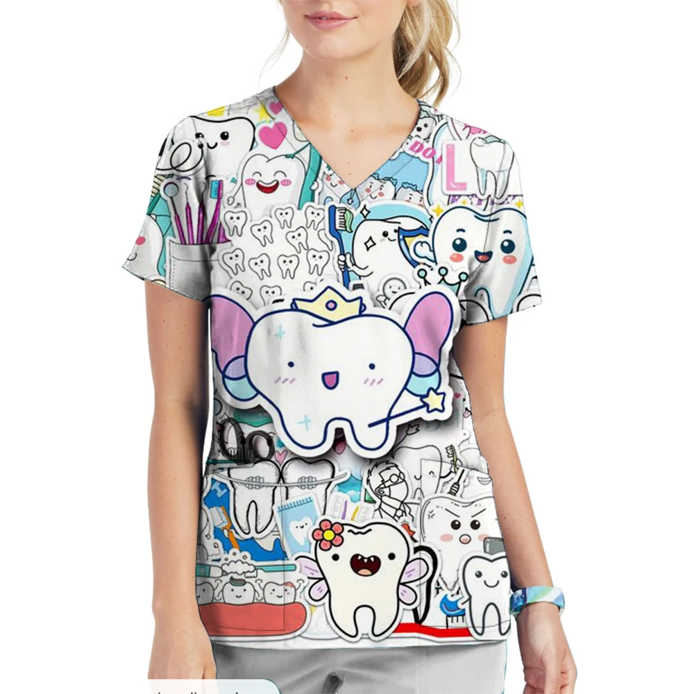 Clinic-Hospital-Nursing-Working-Uniform-Teeth-Dentist-T-shirt-Womens-V ...