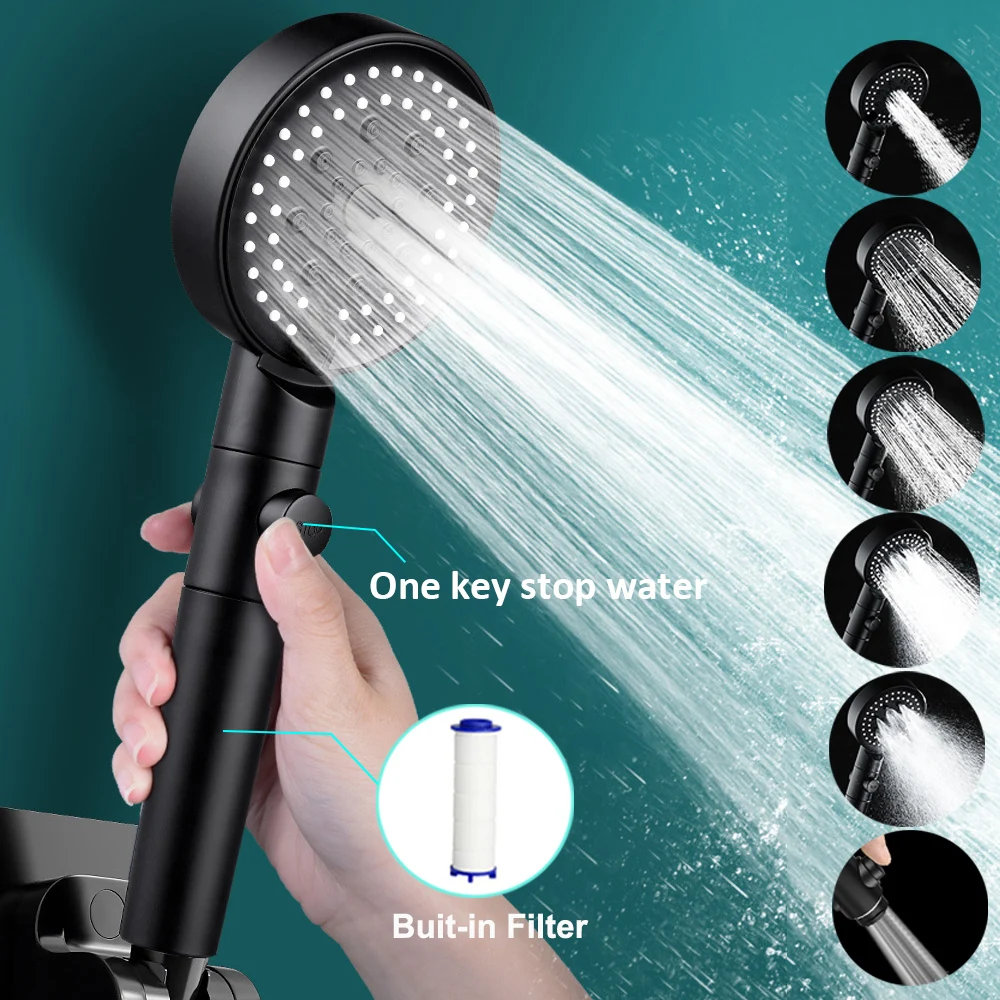New 6 Modes High Pressure Shower Head Black Water Saving Showerhead ...