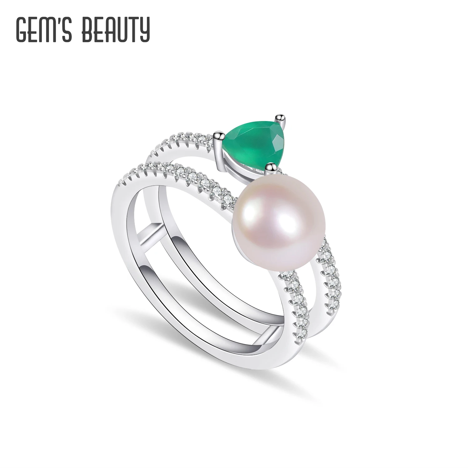 GEM-S-BEAUTY-elegante-anillo-de-perlas-de-plata-925-con-gata-verde-en ...