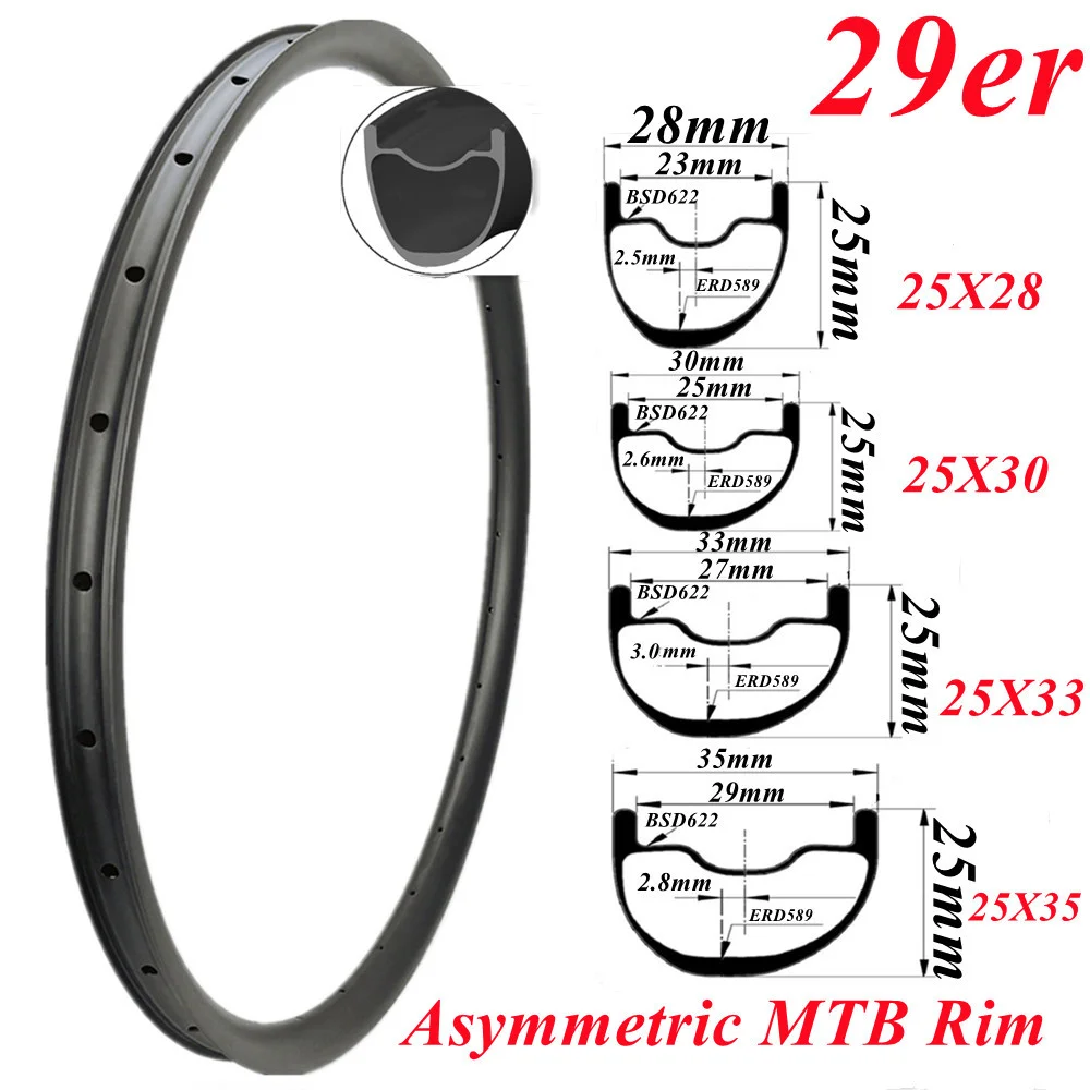 25MM Depth Asymmetric MTB Carbon Rim 28 30 33 35mm Wide 28H 32H 29er ...