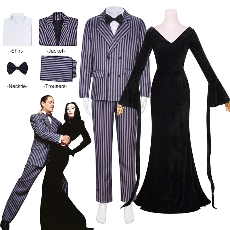 Wednesday Addams Costume Morticia Maxi Dress Long Sleeve Men's Gomez ...
