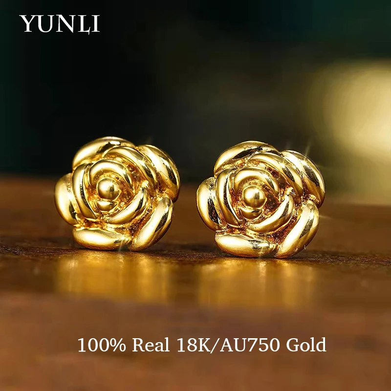 Yunli Real 18k Gold Rose Stud Earrings Pure Au750 Gold Earring For ...