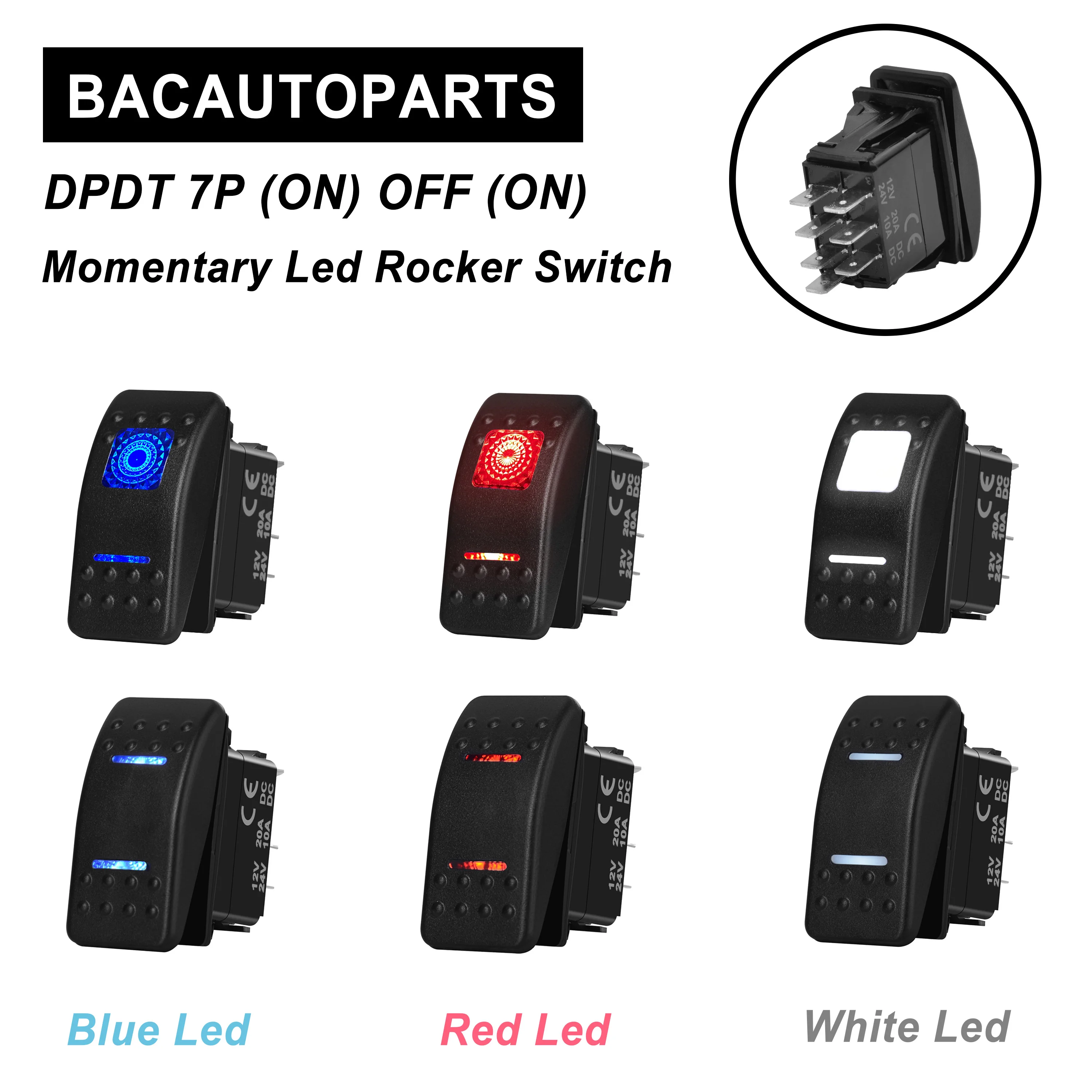 Momentary 7P (ON) OFF (ON) Blue/Red/White Dual Led Rocker Switch For ...