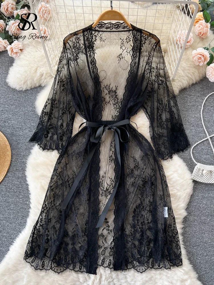 SINGREINY-Mesh-Sheer-Sensual-Cardigan-Nightwear-Women-V-Neck-Lace-Print ...
