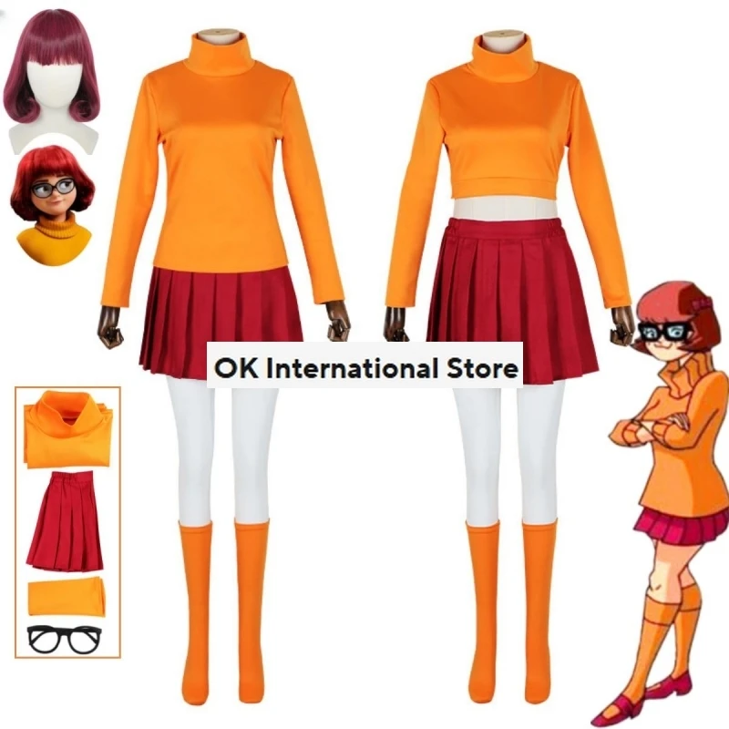 Conjunto-de-Cosplay-de-Anime-Velma-Seragam-Kostum-Falda-corta-naranja ...