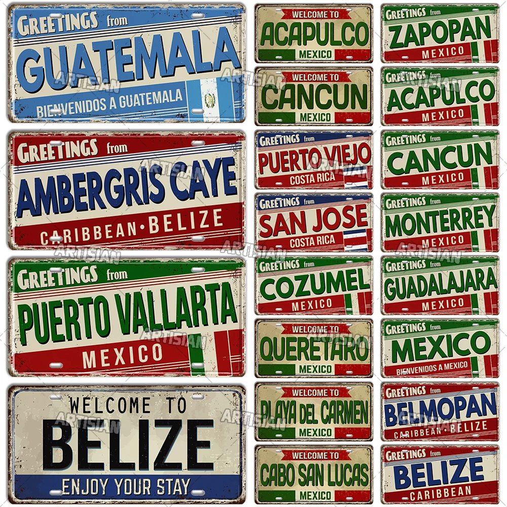Artisian-MEXICO-COSTA-RICO-BELIZE-Honduras-Landmark-License-Plate-City ...
