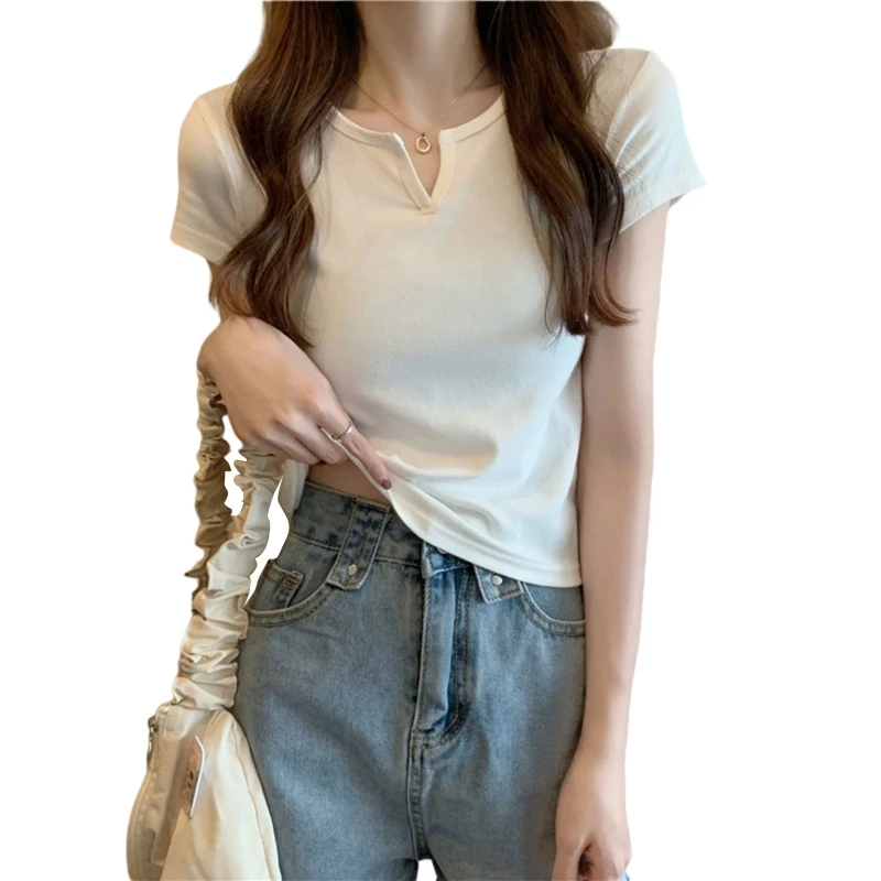 J78E Women Teen Girls Summer Basic Short Sleeve Crop Top Notched V Neck ...